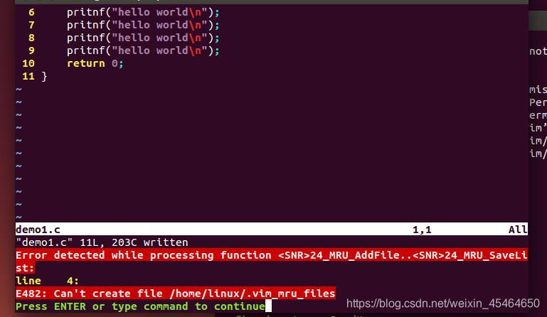 E482: Can't create file /home/linux/.vim_mru_files Press ENTER or type ...