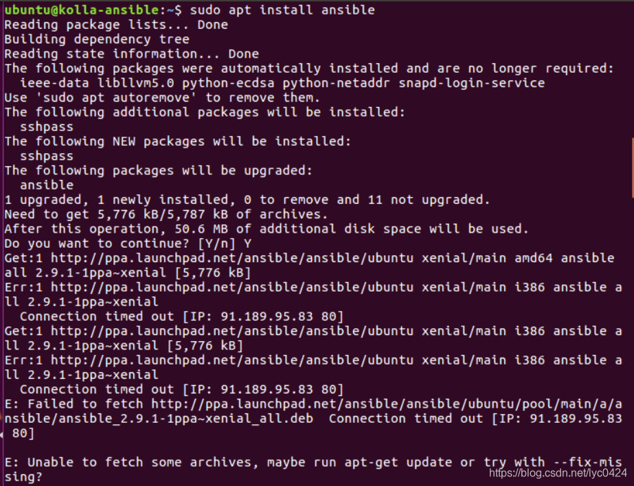 Err:1 http://ppa.launchpad.net/ansible/ansible/ubuntu xenial/main i386 ansible all 2.9.1-1ppa ...