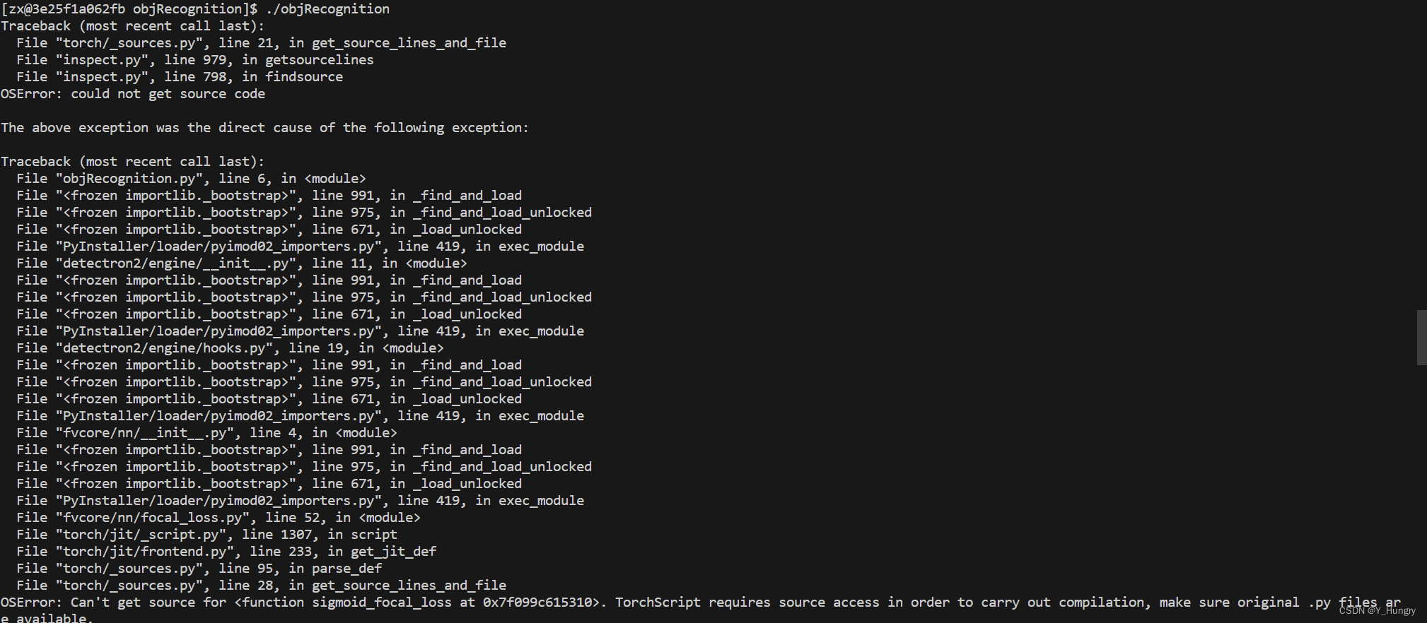 docker 里面运行pyinstaller 打包有关troch的库报错OSError: Can‘t get source for ＜function sigmoid_focal_loss ...