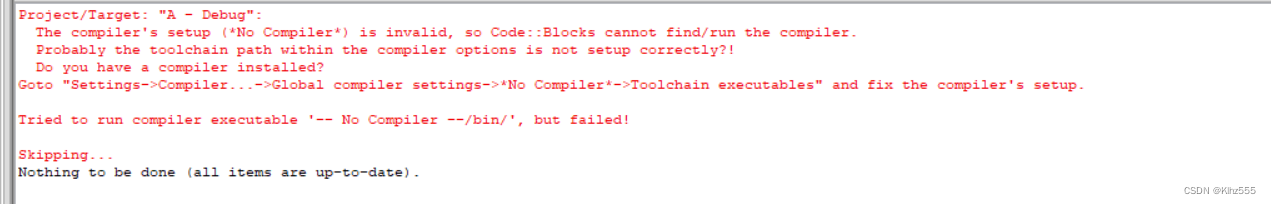 CodeBlocks安装后无法运行：Tried to run compiler executable ‘-- No Compiler --/bin/ ‘ , but failed ...
