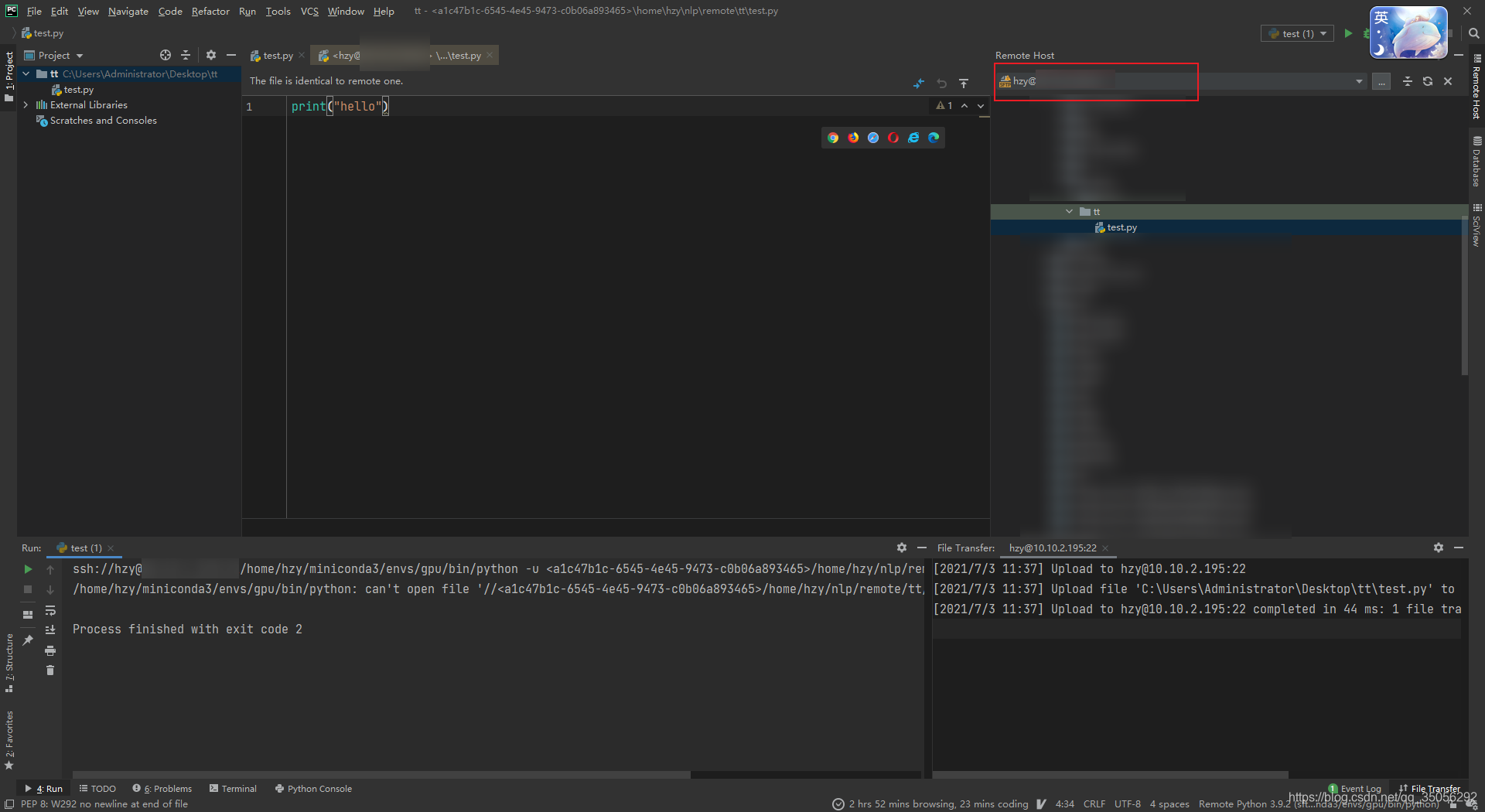 pycharm远程调试的“bug”：/miniconda3/envs/learn/bin/python: can‘t open file ‘//＜a2a1d7b1c-6145-4e45 ...