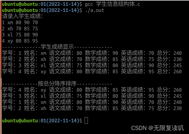 定义一个学生信息结构体，包含姓名，学号，语文成绩、数学成绩，和英语成绩，定义结构体数组存放不同学生的信息，可以在终端录入学生的信息，可以实现 ...