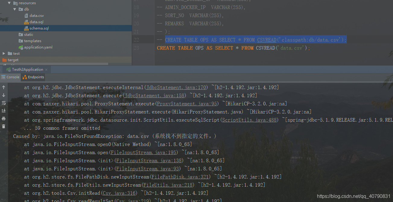 H2 数据库使用csv数据文件导入数据CREATE TABLE OPS AS SELECT FROM CSVREAD('data.csv') [90028-192]_org.h2.store ...