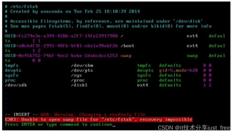 修改/etc/fstab文件导致Linux无法正常启动解决方法_修改fstab后无法启动-CSDN博客