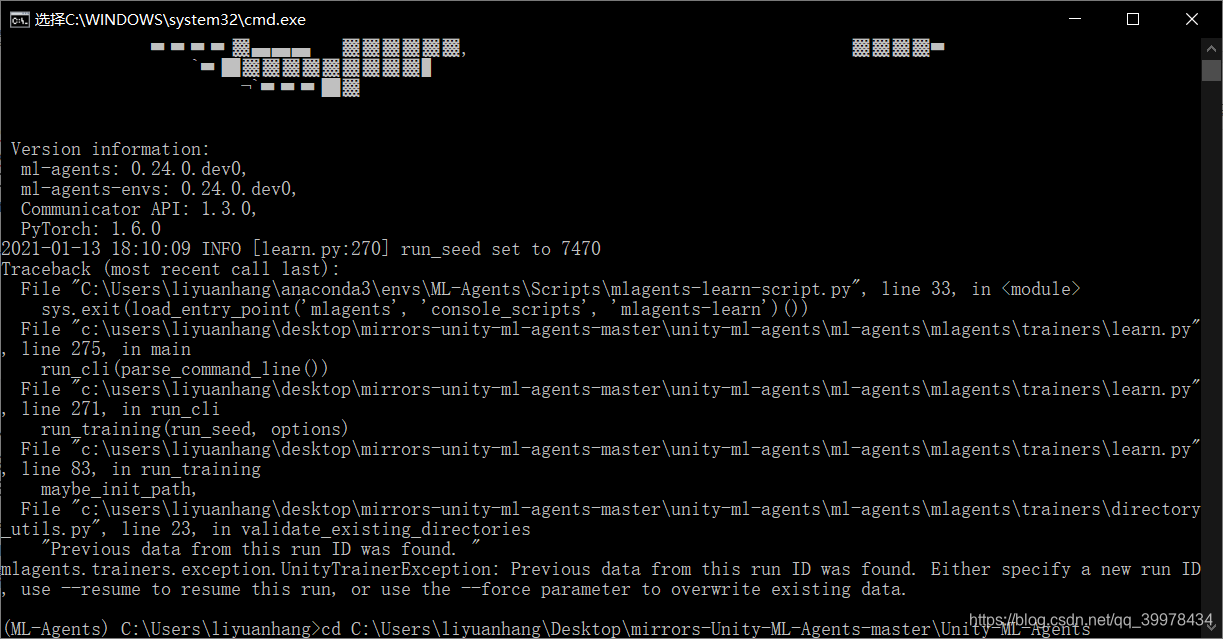 ML-Agents + PyTorch遇到的问题_mlagents.trainers.exception.unitytrainerexception:-CSDN博客