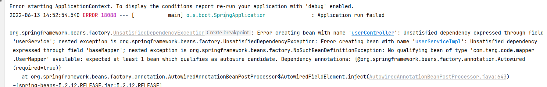 用MybatisPlus代码生成器之后，运行springboot项目报错：UnsatisfiedDependencyException: Error creating bean with ...
