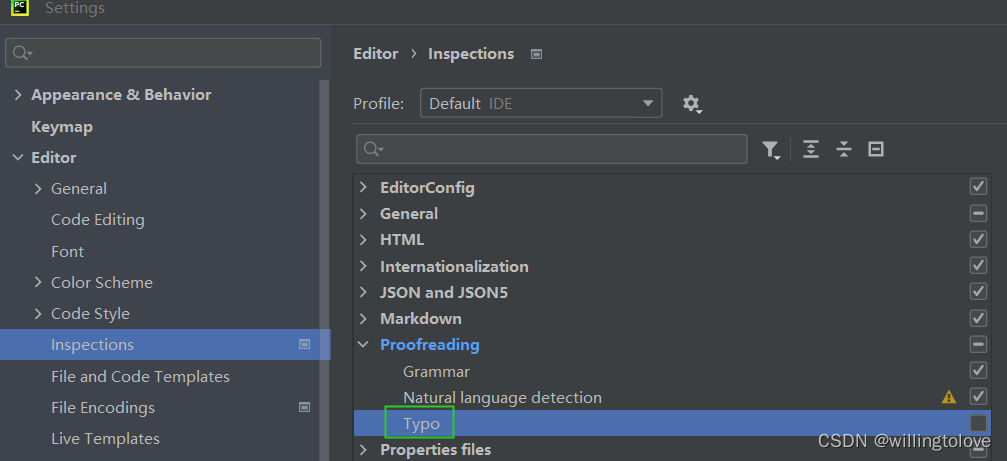 pycharm中取消Typo:In word ‘xxx‘提示（绿色波浪线提示）的方法_typo: in word-CSDN博客