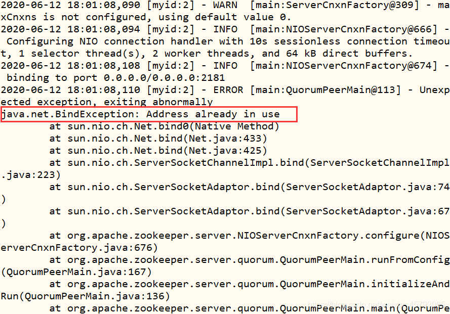 Zookeeper启动失败，提示：java.net.BindException: Address already in use 加图解超级容易理解_管理中心启动失败. 管理中心端口 2181 ...