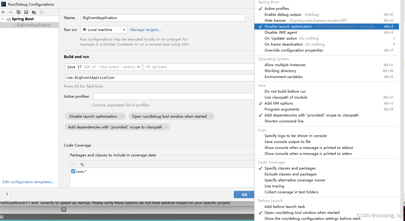 SringBoot: Java HotSpot(TM) 64-Bit Server VM warning: Options -Xverify:none and -noverify were ...