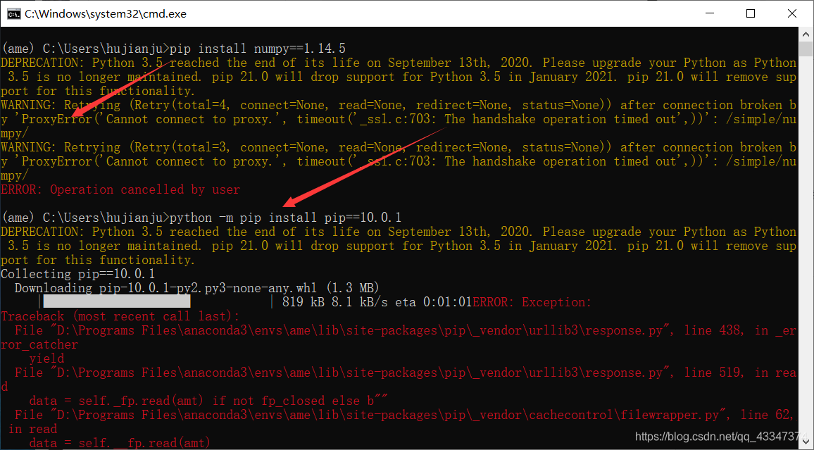 笔记本翻墙后，anaconda环境中用pip安装python包出现代理错误 ProxyError，需要降低pip版本_conda proxyerror('cannot connect to ...