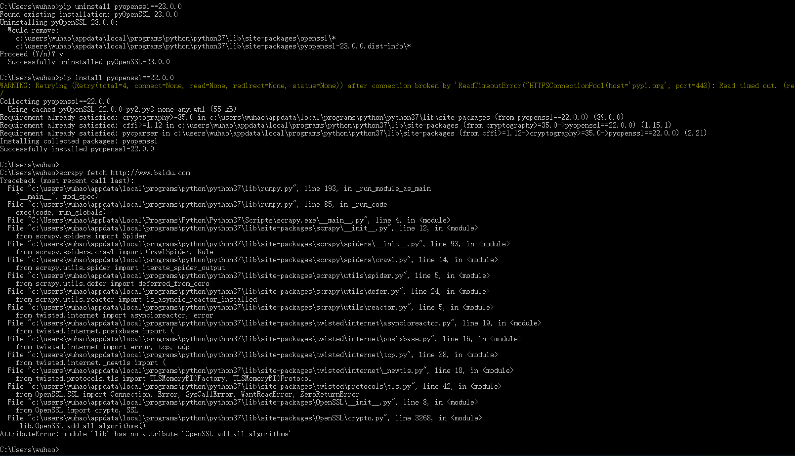 Scrapy 提示错误AttributeError: module ‘OpenSSL.SSL‘ has no attribute ‘SSLv3_METHOD‘_python2.7搭建ftps报 ...