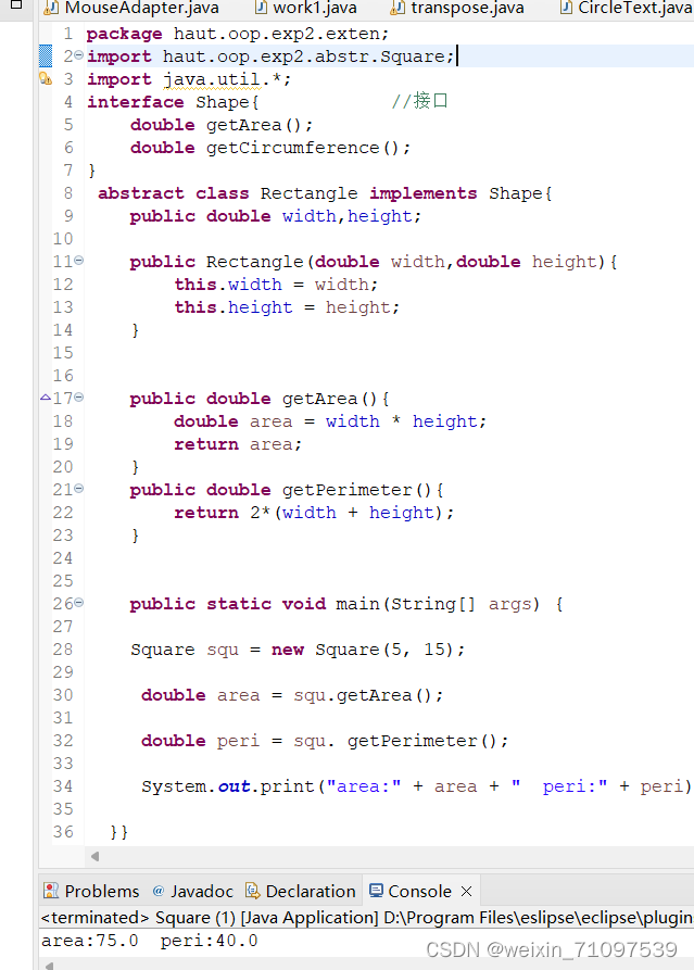 Java按照下列要求完成接口的设计 （1）定义一个public接口Shapes，其包名为oop.base；（2）定义返回值为double类型并且无输入参数的public抽象方法，其中方法名为 ...