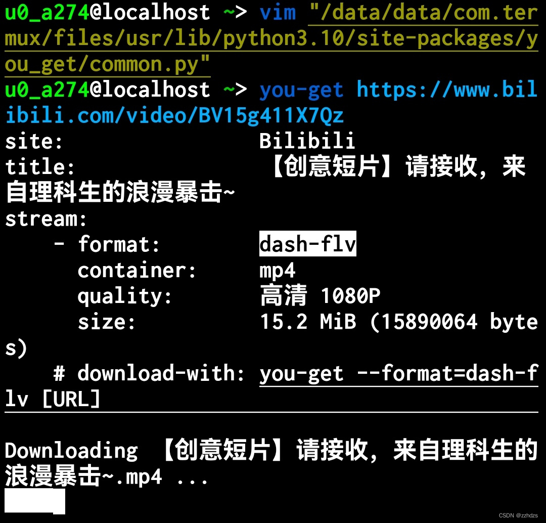 关于Termux使用you-get下载B站报错ValueError: Sign not allowed in string format ...