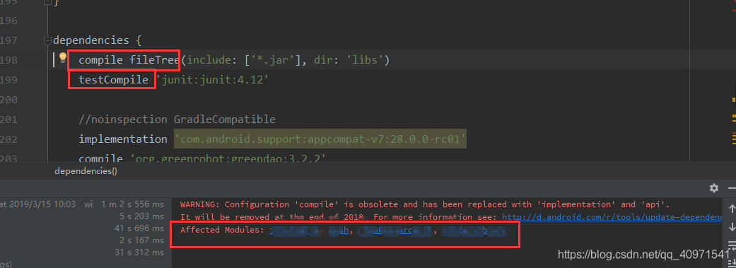 WARNING: Configuration 'compile' is obsolete and has been replaced with 'implementation' and ...
