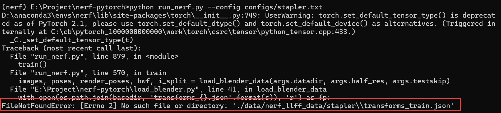 Nerf训练自己的数据时报错：No such file or directory: ‘./data/nerf_llff_data/stapler/transforms_train.json ...