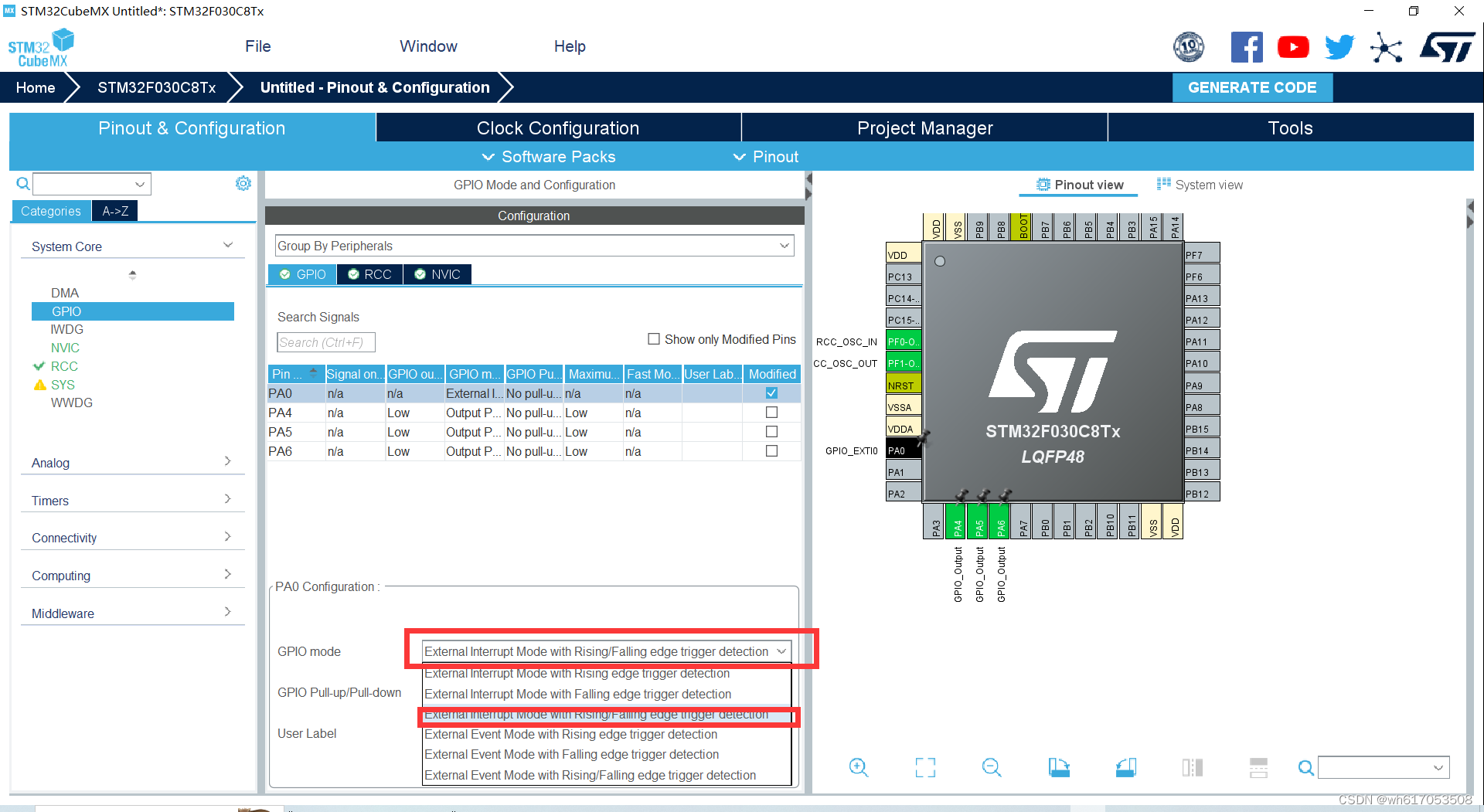 stm32c8t6 cubemx配置流水灯并使用外部中断控制_c8 t6 pa5 pa6.-CSDN博客