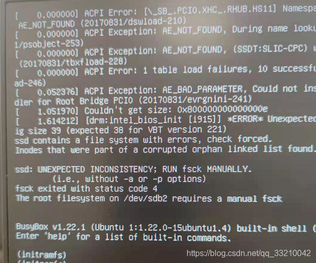 Ubuntu 系统开机黑屏提示the root filesystem on /dev/sdb2 requires a manual fsck_requre a mannual fsck 无法 ...