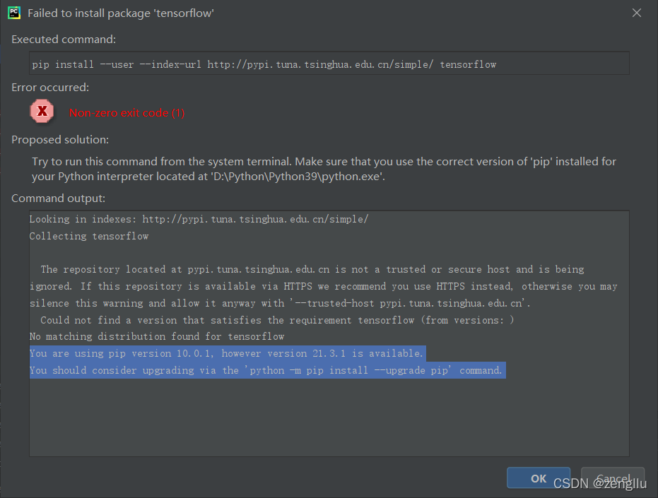 Pycharm 里面安装第三方库报错“Non-zero exit code (1)”，提示“You are using pip version 10.0.1, however version ...