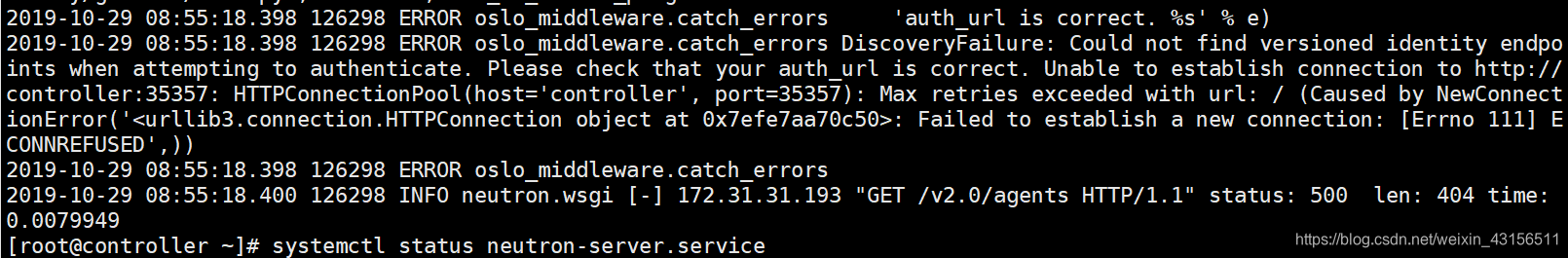 openstack中 Server Error for url: http://controller:9696/v2.0/agents, Internal Server Error ...