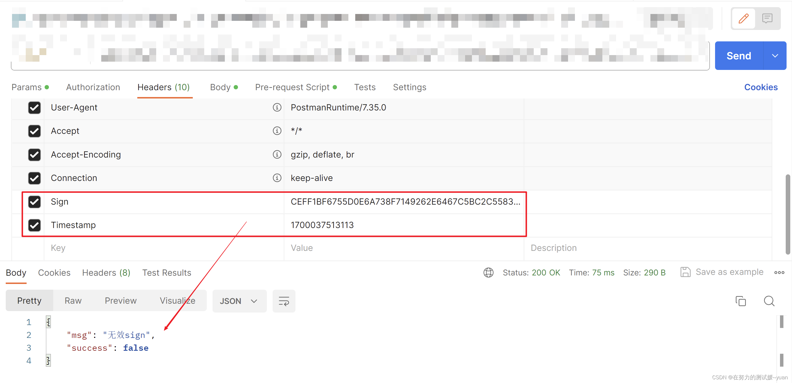 postman响应体：“msg“: “请求缺失签名Sign“、 “msg“: “请求缺失时间戳“_postman请求接口返回的message-CSDN博客