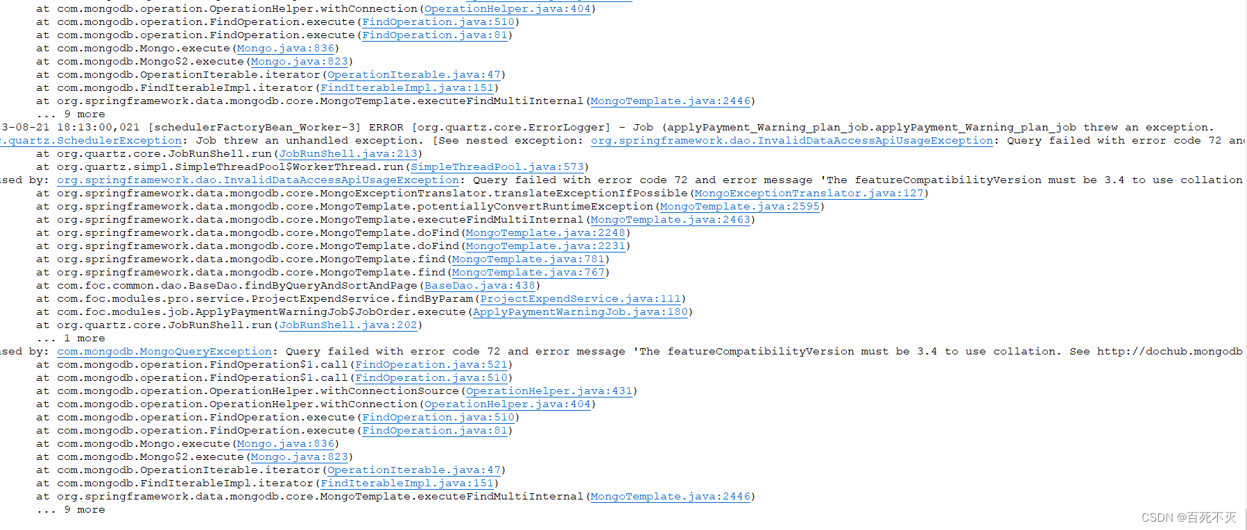 java项目连接MongoDB报错 The featureCompatibilityVersion must be 3.4 to use collation_detecting mongodb ...