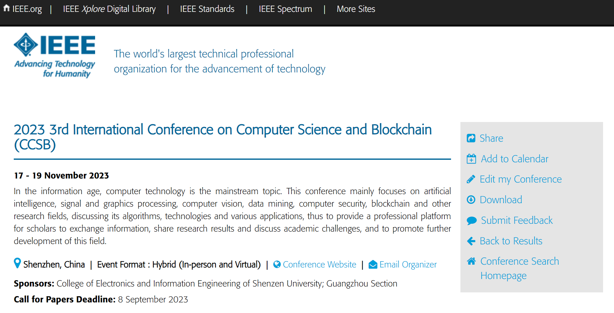 【IEEE出版，深圳大学主办 | 往届均已完成EI和SCOPUS检索，会议历史良好|计算机领域】第三届计算机科学与区块链国际学术会议（CCSB 2023）_ccsb2023-CSDN博客