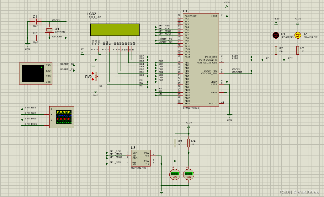 Proteus8.0仿真应用设计（九十五）基于STM32CubeMX、STM32F103C8T6 、FREERTOS、MCP4242（SPI接口）的7位双通道数字电位器应用设计仿真 ...
