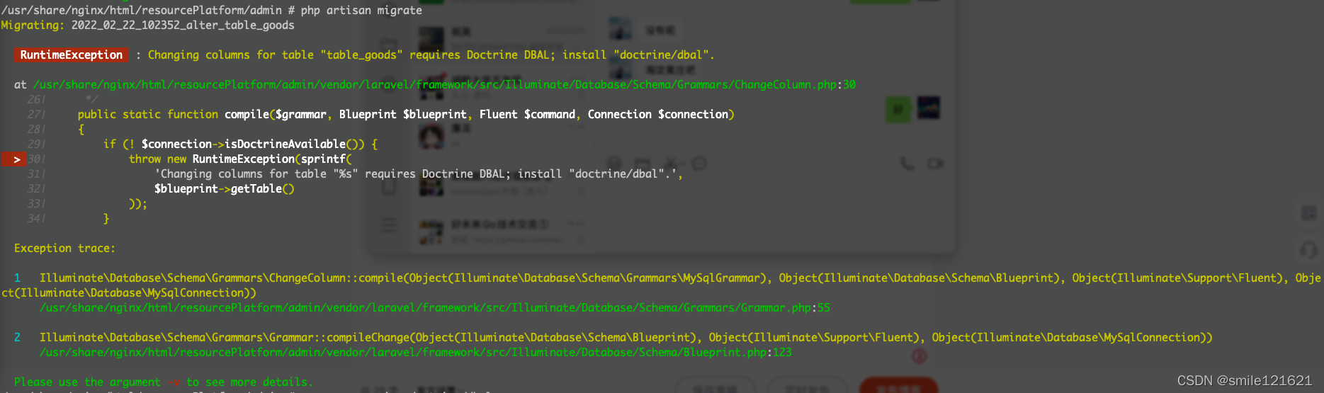 php artisan migrate RuntimeException Changing columns for table “table_name“ requires Doctrine ...