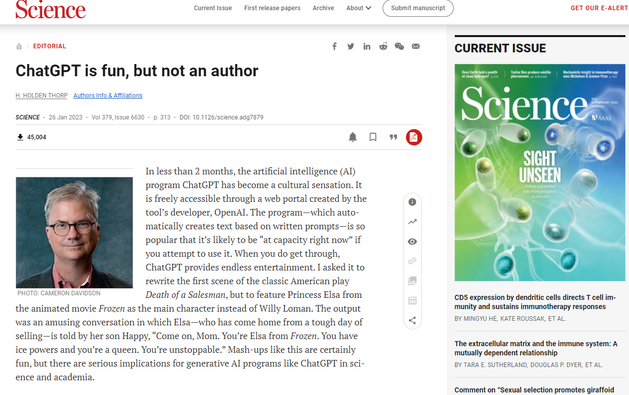 ChatGPT火爆科研圈，登上《Nature》《Science》正刊_chatgpt is fun, but not an author-CSDN博客