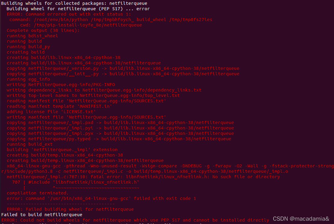 Ubuntu安装NetFilterQueue时wheel(PEP 517)出现error_building wheel for pyaudio (pep 517) ... error-CSDN博客