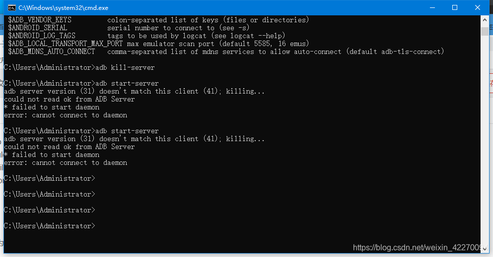 今日踩坑：Android studio adb server version (31) doesn‘t match this client (41)； killing..._adb ...