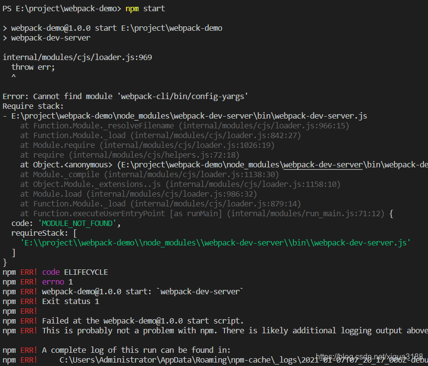 npm start 报错：Error: Cannot find module ‘webpack-cli/bin/config-yargs‘_npm 启动报错 error loading ...