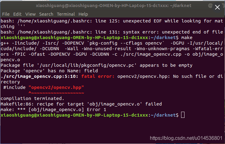 yolov3 ./src/image_opencv.cpp:5:10: fatal error: opencv2/opencv.hpp: No such file or directory ...