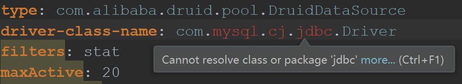 解决 Springboot 配置文件提示 Cannot resolve class or package ‘jdbc’ less… 问题_cannot resolve class or ...