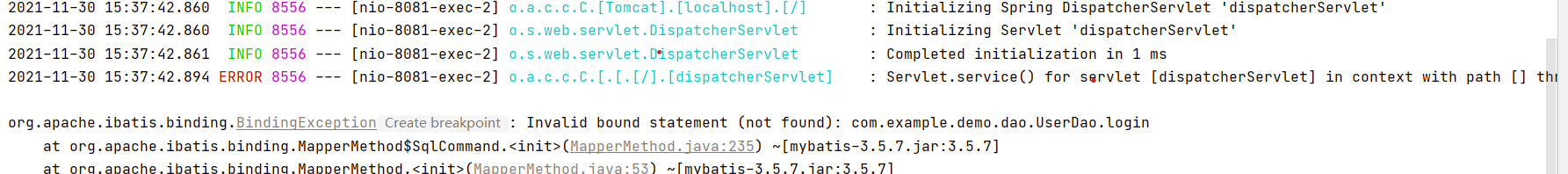 Invalid bound statement (not found): com.example.demo.dao.UserDao.login_at com.example.dao ...