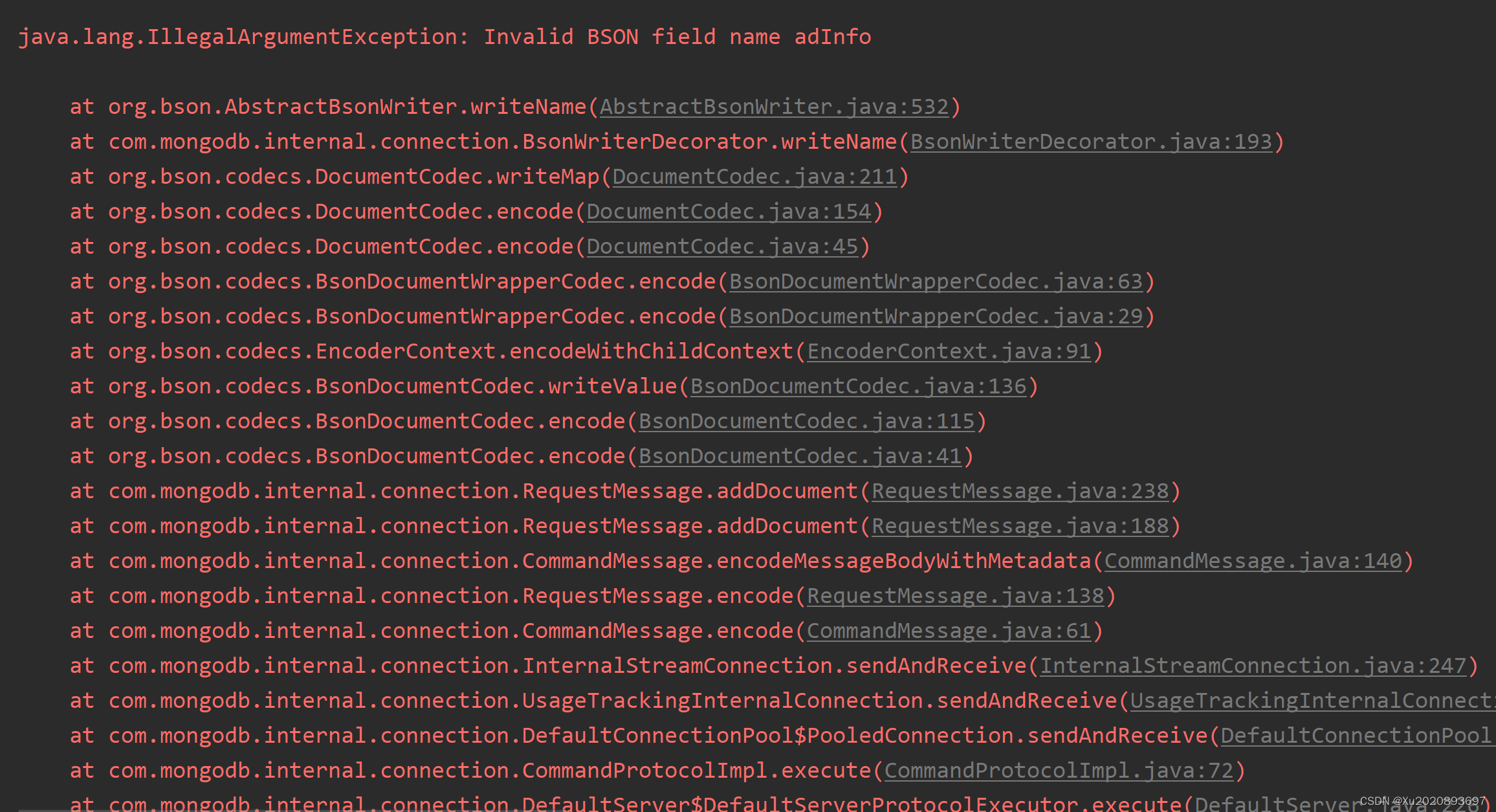 idea连接mongodb使用findOneAndUpdate方法时提示java.lang.IllegalArgumentException: Invalid BSON field name ...