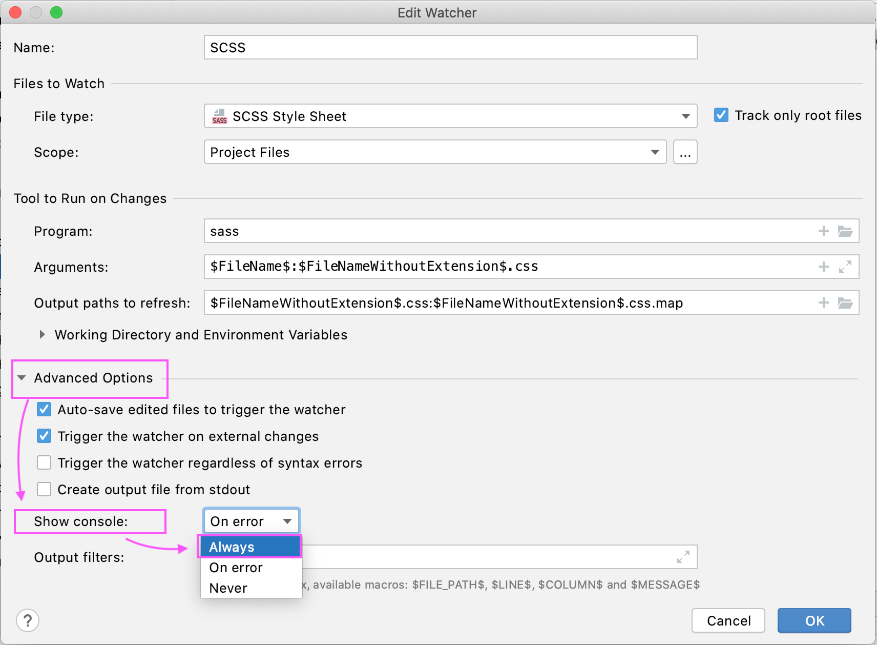 JetBrains 系列开发工具，如何配置 `SCSS` `File Watcher` ，相关输出配置参数详解：webStorm phpStorm IDEA_file watcher 没有 ...