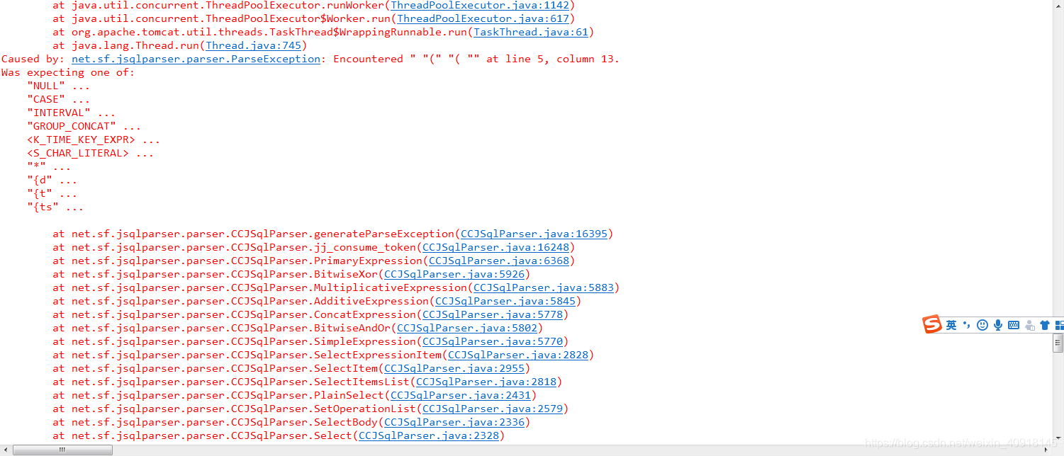 net.sf.jsqlparser.parser.ParseException: Encountered “ “(“ “( ““ at line 5, column 13._io ...