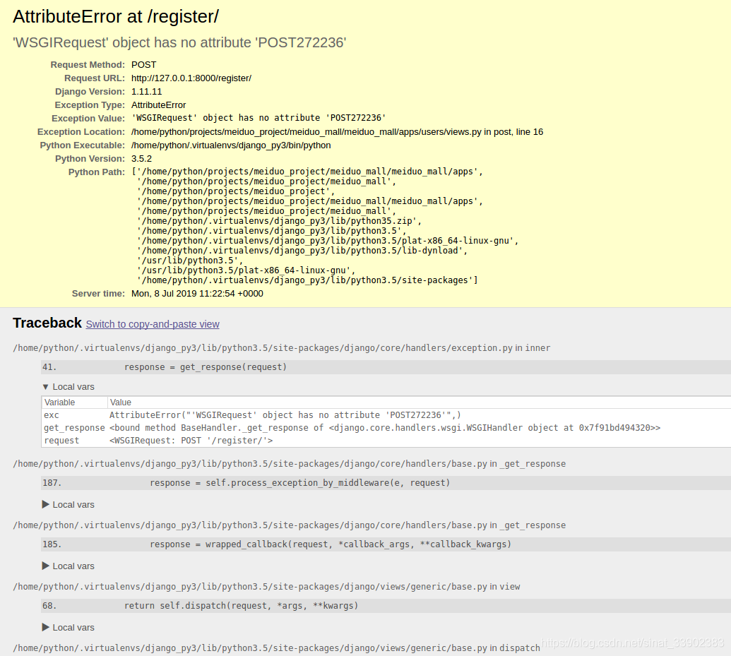 Django-request请求的错误:AttributeError at /register/ 'WSGIRequest' object has no attribute ...