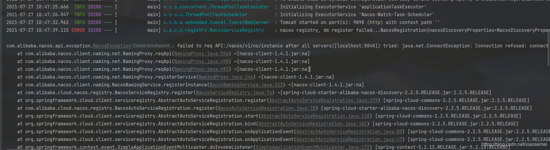 【JAVA】 /nacos/v1/ns/instance after all servers([localhost:8848]) tried: java.net ...