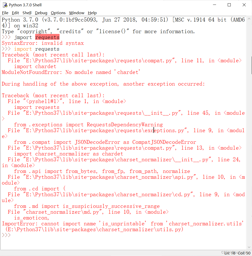求大神指点ImportError: cannot import name ‘is_unprintable‘ from ‘charset_normalizer.utils ...