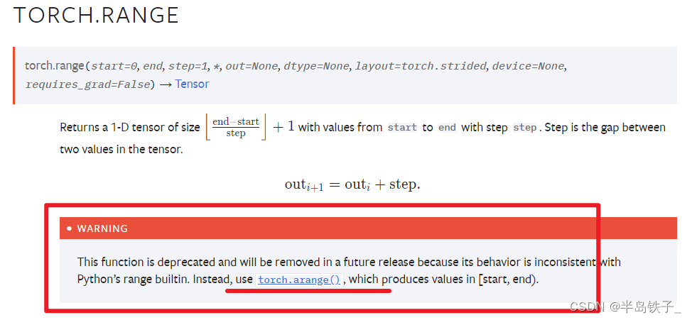 UserWarning: torch.range is deprecated and will be removed in a future release because its ...