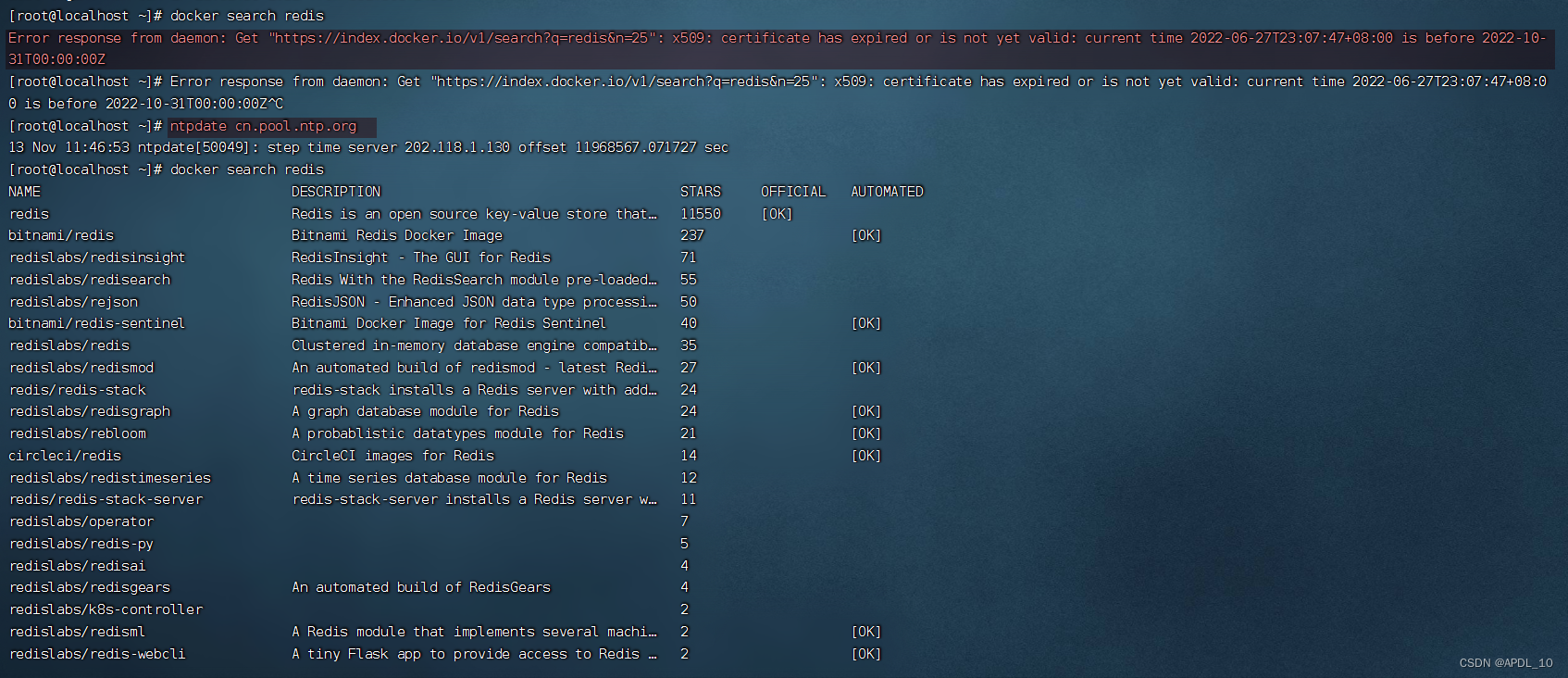 Error response from daemon: Get “https://index.docker.io/v1/search?q=redis&n=25“: x509 ...