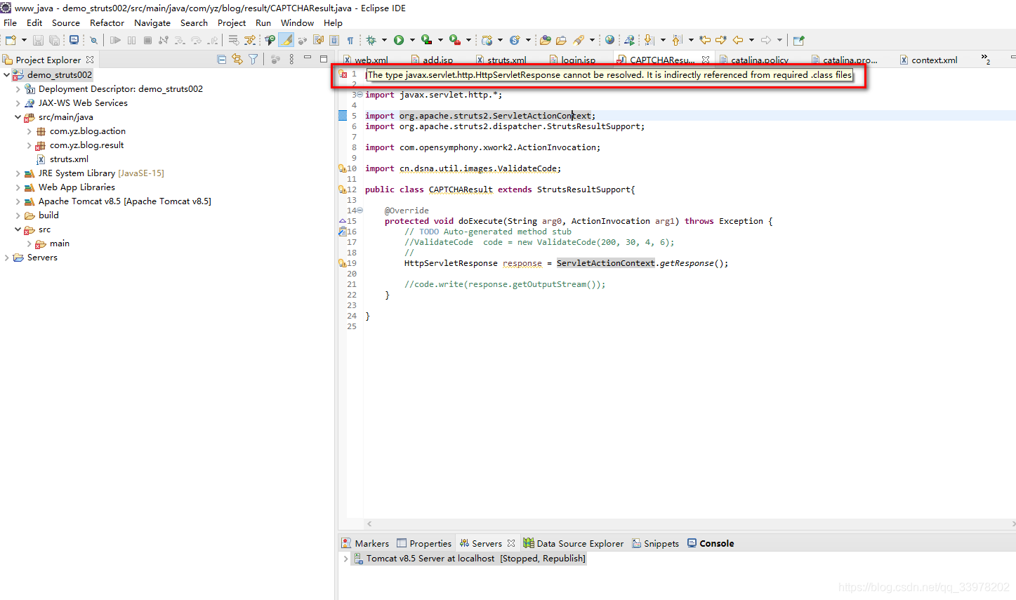 Eclipse中struts2框架报错：The type javax.servlet.http.HttpservletResponse ...