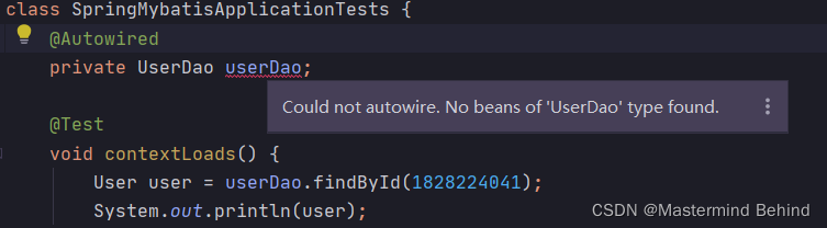 关于springboot整合mybatis出现Could not autowire. No beans of ‘UserDao‘ type found. 的问题_could not ...