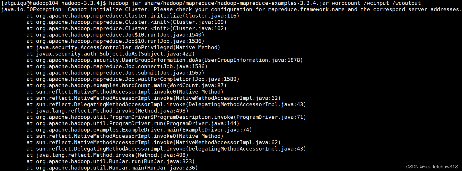 【Hadoop3.x】执行wordcount案例时报错：java.io.IOException: Cannot initialize Cluster..._java.io ...