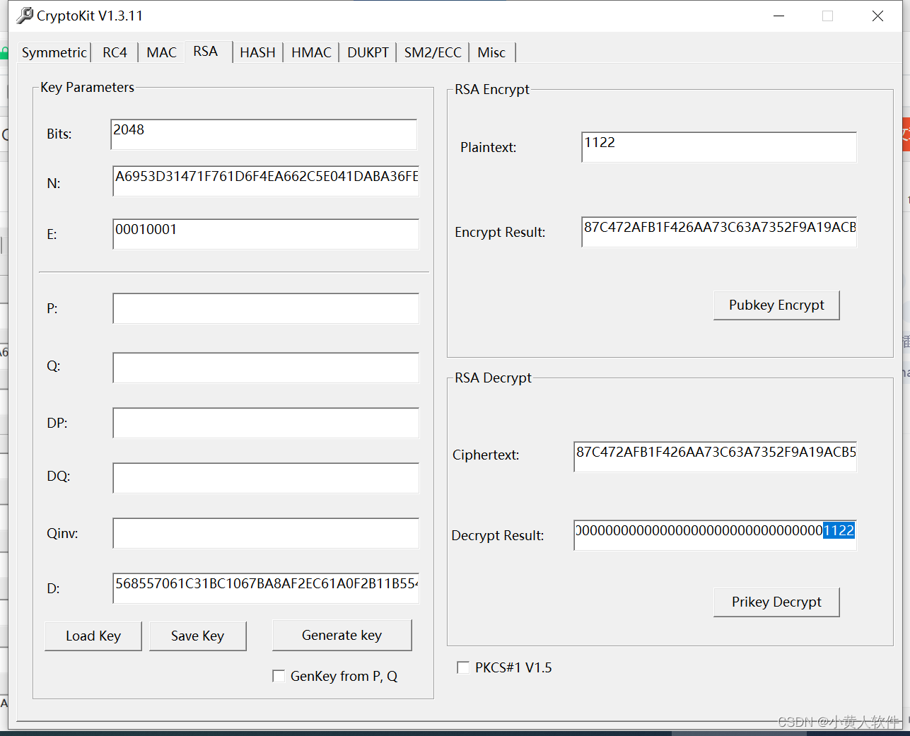 python RSA 2048位 已知P,Q计算出E和D_已知明文为“姓名”,选择p和q, e,计算出私钥d,并且实现rsa加解密流程,给出密文结-CSDN博客