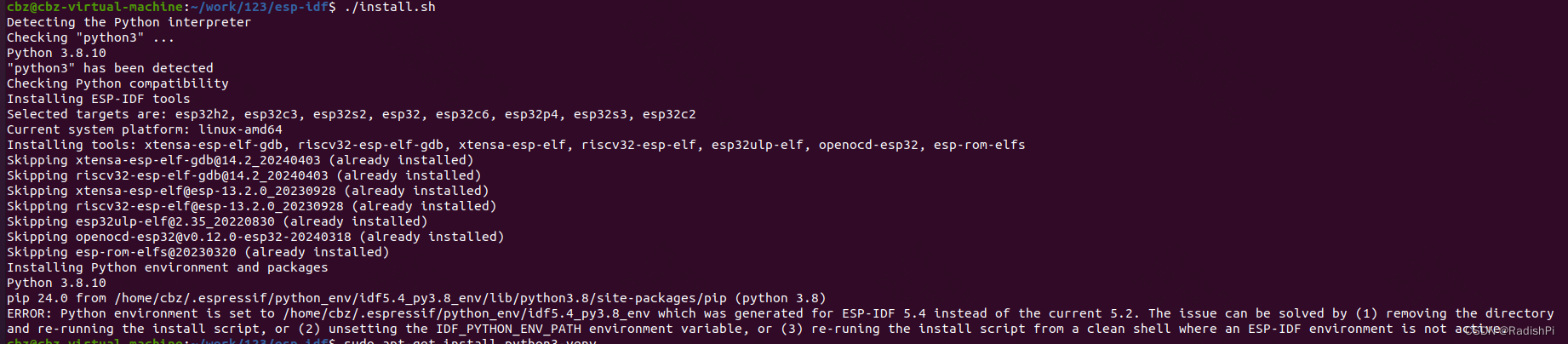 【ESP32】虚拟机ubuntu下搭建 ESP-IDF 开发环境（详细）_esp32 ubuntu-CSDN博客