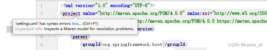 ‘settings.xml’ has syntax errors less… 和Parent ‘org.springframework.boot’has problems less…的问题解决 ...